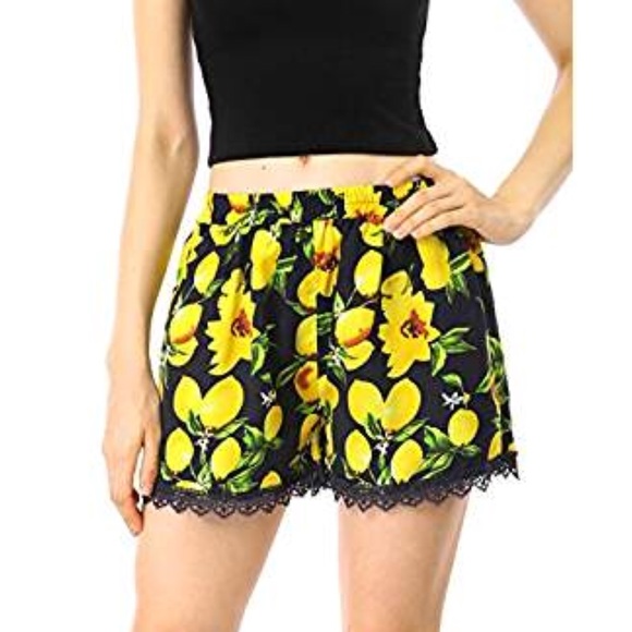 Boutique | Shorts | Lemon Print Black Lace Trim Perfect Summer Shorts ...